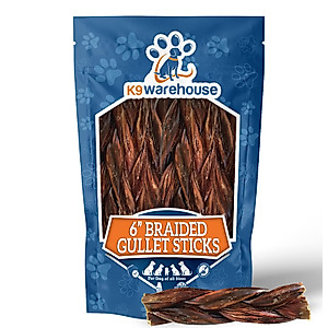 K9warehouse Braided Gullet Sticks for Dogs - 6 Inch - 100% All Natural Dog Braided Bully Sticks - Low Odor - Bully Braided Sticks for Dogs - Dog Chew Treats for Small, Medium and Large Dogs (3 Count)