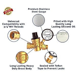 Morvat Premium Lead-Free Brass RV Water Pressure Regulator Adjustable Valve with Oil Filled Gauge for Camper, Includes Screwdriver, Roll Of Teflon Tape & 2 Extra Rubber Washers