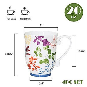 QOUTIQUE Bone China Decorated Coffee Mugs - 20 Ounce - Set of 4, Cups for Latte, Hot Tea, Cappuccino, Mocha, Cocoa, Mug Set, Large Coffee Mug, Surely