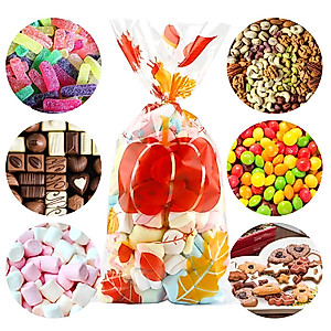 BOEIAC Thanksgiving Treat Bags,100 Pcs Thanksgiving Fall Cellophane Treat Bags, Plastic Autumn Maple Leaves Pumpkin Candy Goodie Bags with Twist Ties for Thanksgiving Fall Theme Party Favor