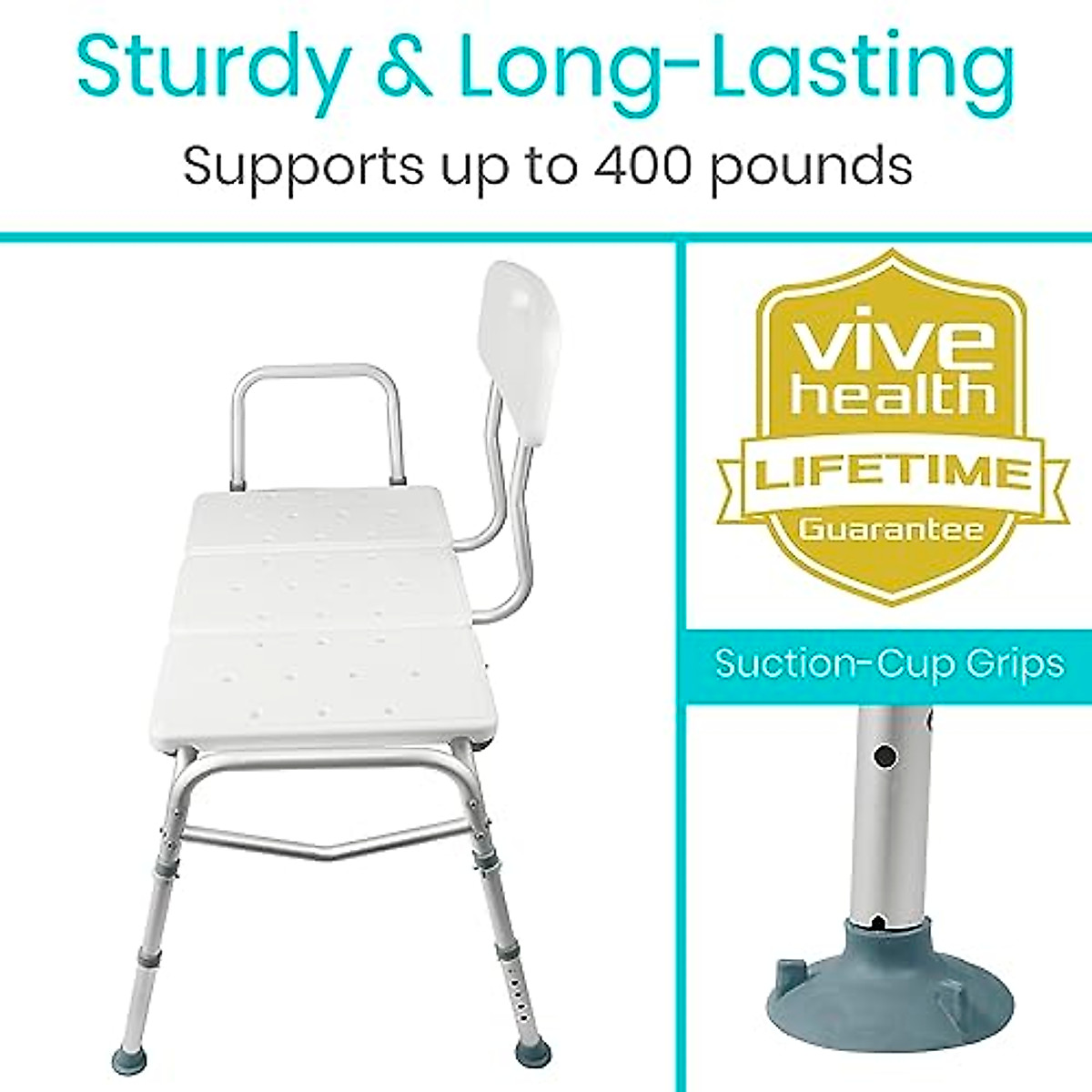 Vive Bariatric Shower Chair - Tub Transfer Bench with Height Adjustable Legs (400 Pound Capacity) - Reversible & Sliding Bath Seat with Backrest, Armrest, Wide Seat - For Seniors, Elderly