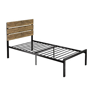 SHA CERLIN Rustic Style Platform Bed Frame Twin Size with Wooden Headboard, Strong Metal Slats Support, Easy Assembly, Light Brown