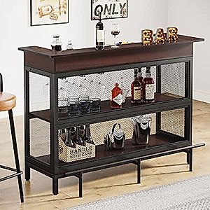 Tribesigns Industrial Home Bar Unit, 3 Tier Liquor Bar Table with Stemware Rack and Wine Storage Display Shelf, Mini Bar Cabinet with Glass Holder Footrest and Mesh Front