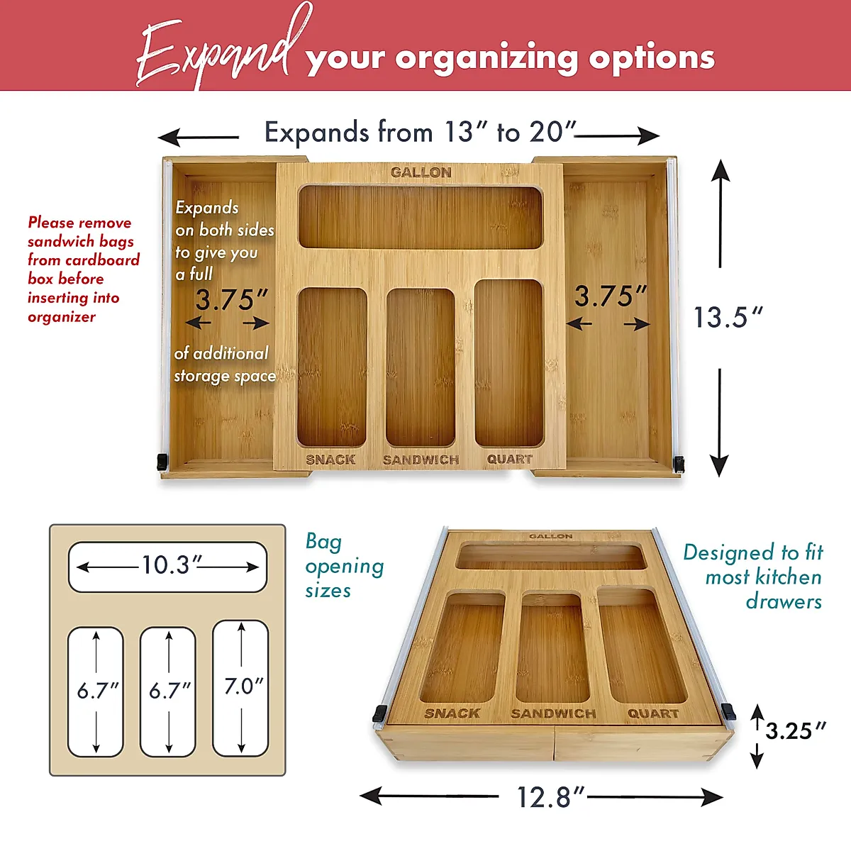 HinterHill Expandable Ziplock Bag Organizer and Kitchen Drawer Organizer, 6-in-1 Plastic Bag Organizer and Foil and Plastic Wrap Organizer with Slide Cutters, Ziplock Organizer with Two Wrap Cutters
