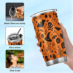 Yasala Halloween Tumbler Bat Pumpkin Ghost Spider Insulated Coffee Cup Back to School Beverage Container Office Travel Mug with Straw and Lid 20oz Holiday Gift Day of The Dead Present