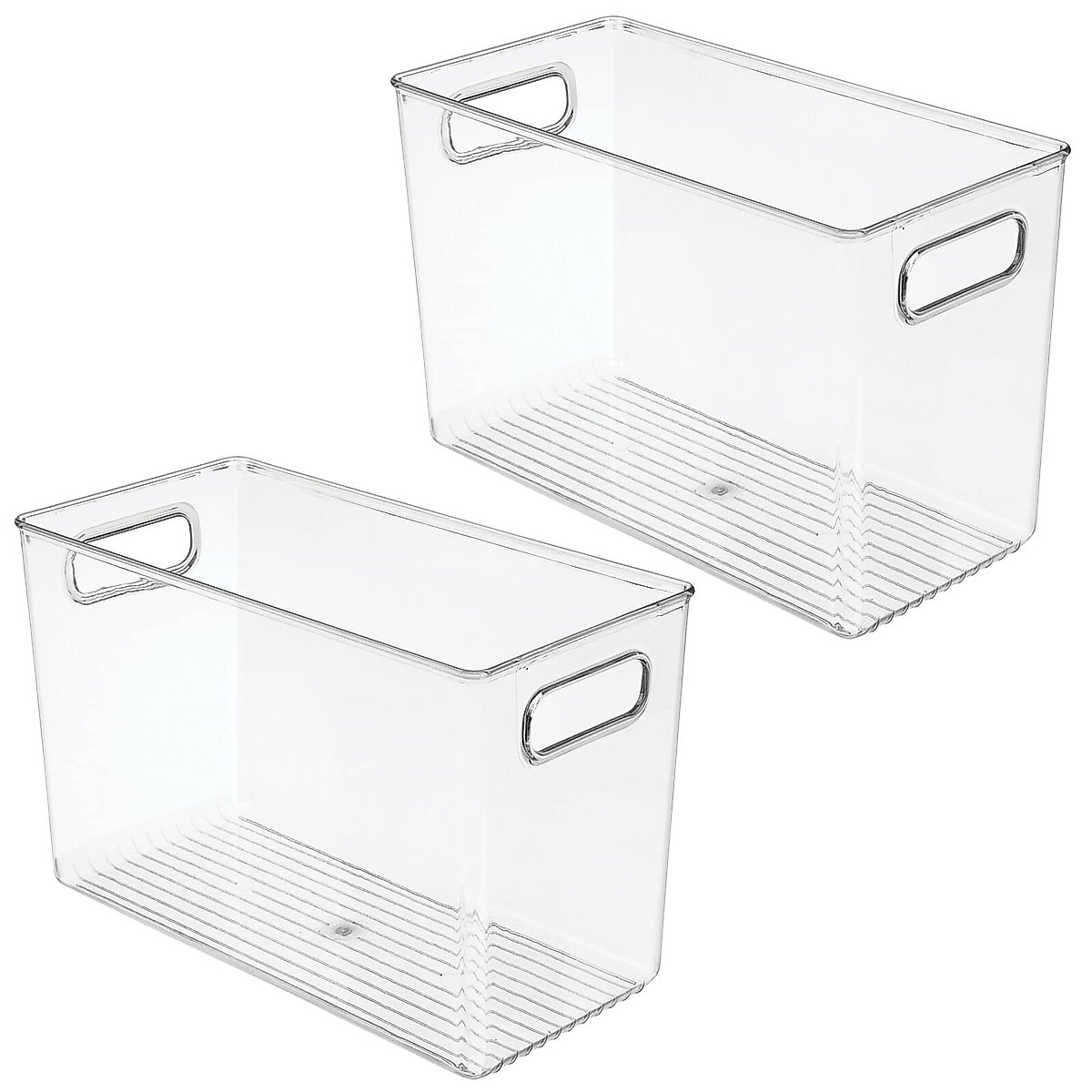 mDesign Plastic Storage Box – Narrow Open-Top Fridge Organiser Tray with Handle – Can Be Used as Fridge Tray, Shelf Box or for Cupboard Storage – Pack of 2 — Clear