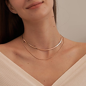 CHESKY 14K Gold/Silver Plated Snake Chain Necklace Herringbone Necklace Gold Choker Necklaces for Women Gifts Jewelry 1.5/3/5MM(W) 14"/16"(L) (layered rose gold)