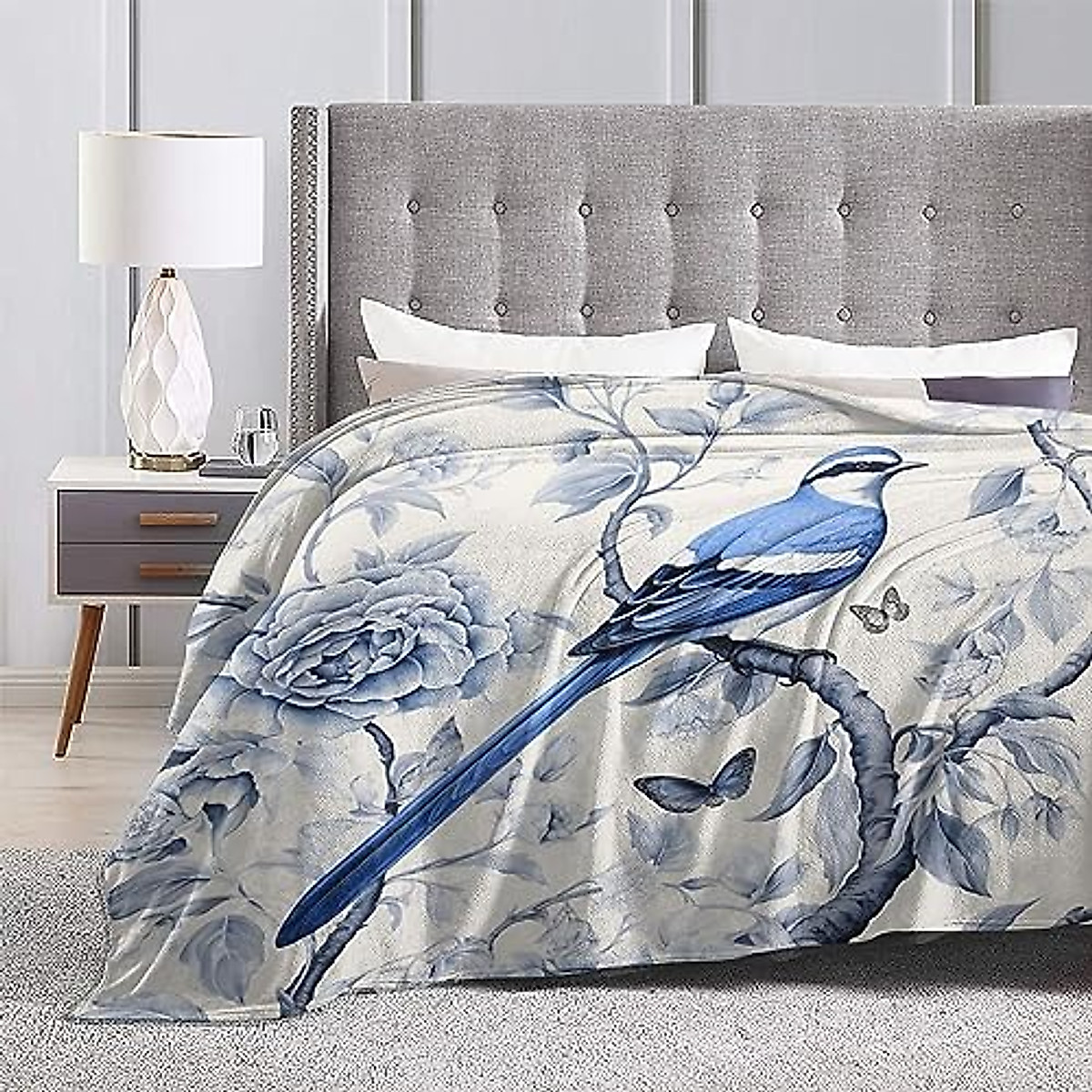 sunzoneflo Floral Bird Throw Blanket Blue Flower and Blue Bird Pattern Printed Throw Blanket for All Season Birthday, for Couch Bed,Chair,Sofa,Room,Home Decor (50 * 60 Inches) Blanket B1488