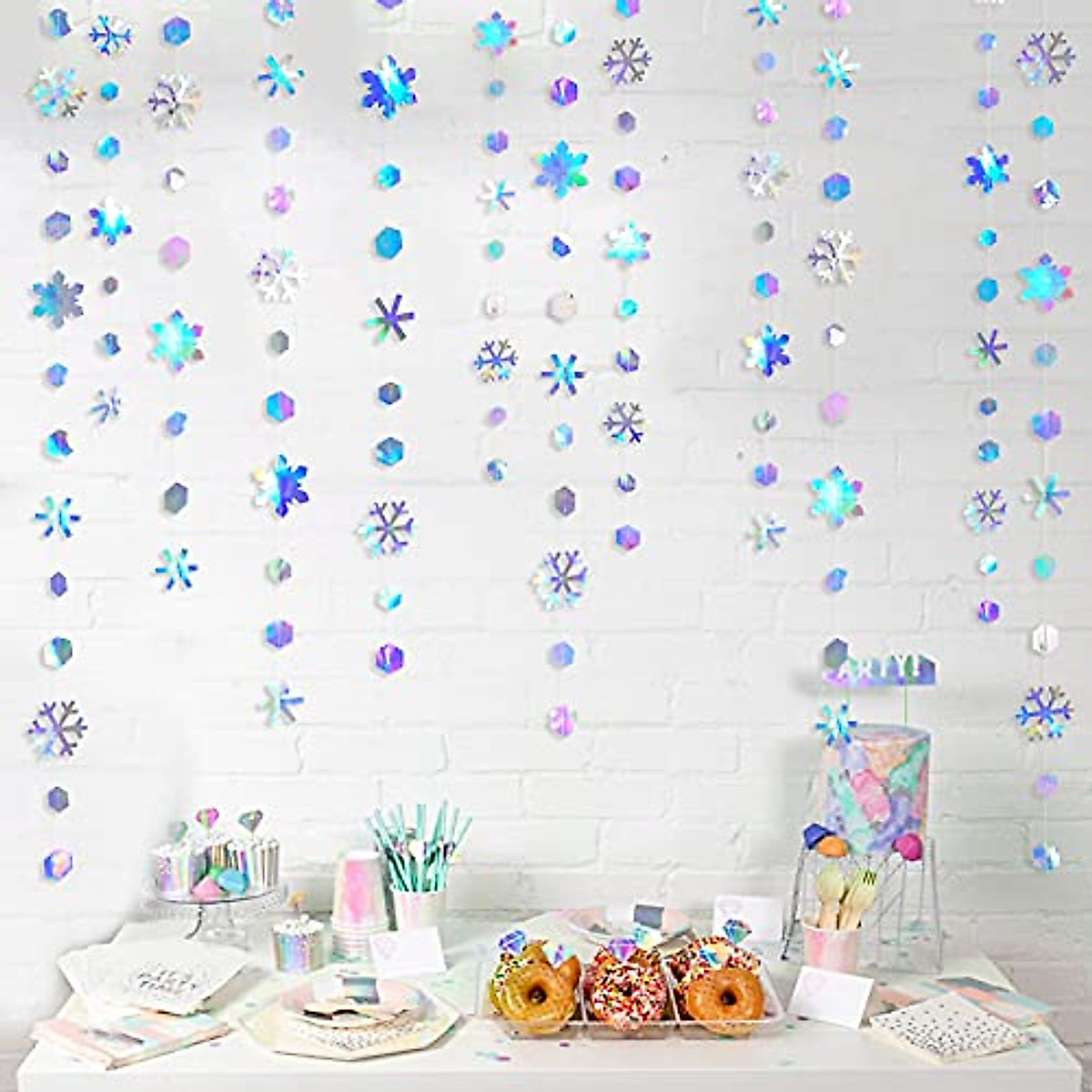 Clearance 52Ft Winter Wonderland Party Decoration Iridescent Snowflake Garland Holographic Paper Snowflakes Streamer for Winter Onderland Christmas Frozen Birthday Wedding Bridal Shower Party Supplies