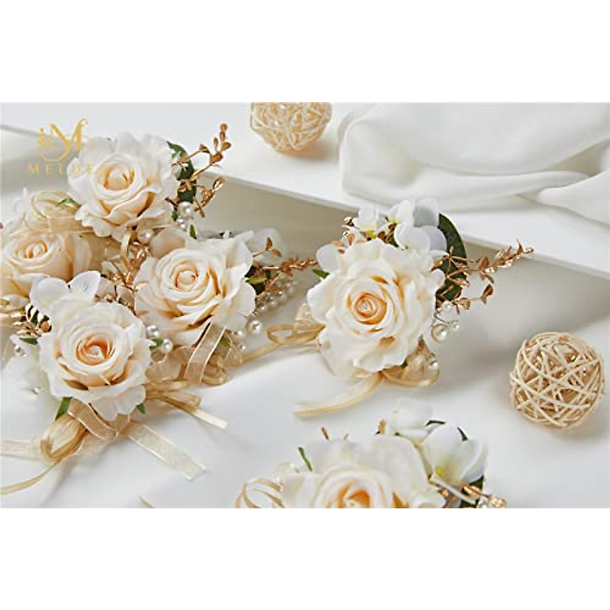 Meldel Champagne Prom Flower Wrist Corsage for Wedding, Set of 6, Rose Wrist Flower for Mother of Bride and Groom , Bride Bridesmaid Girl Women Party, Homecoming Ceremony Anniversary