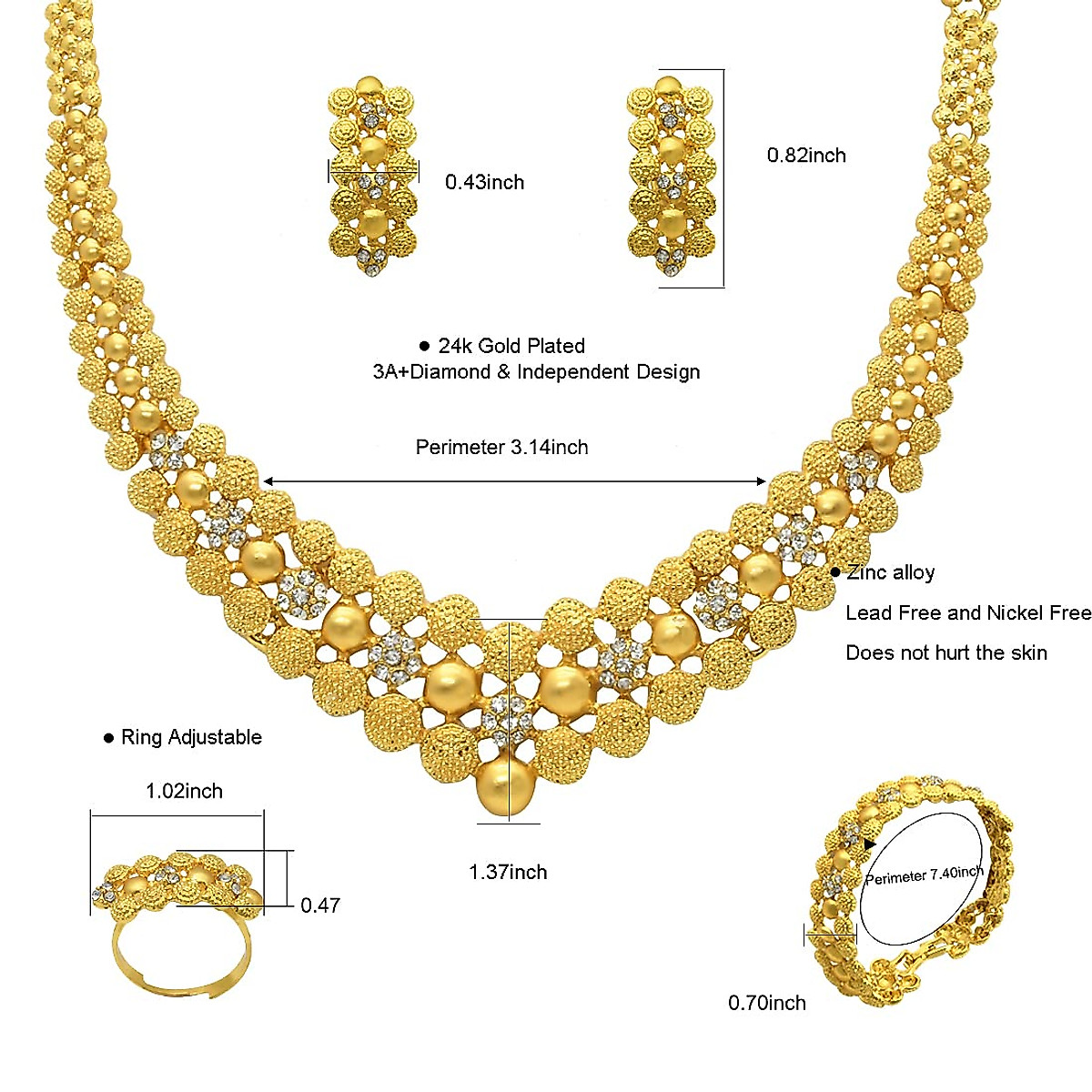 Dubai Women Jewelry Necklace Set 24K Gold Plated Indian Bollywood Bridal Fashion Jewelry 4 Piece Set