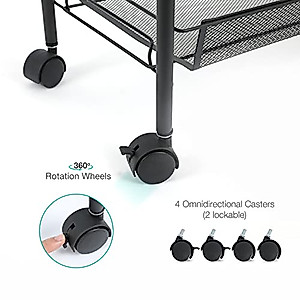 3-Tier Mesh Wire Rolling Cart with Baskets, Christmas Gifts Multifunction Utility Cart Wheels Lockable , Office Bedroom Storage Organizer , Easy Assembly Mesh Trolley Cart , Slide-Out Shelf, Black