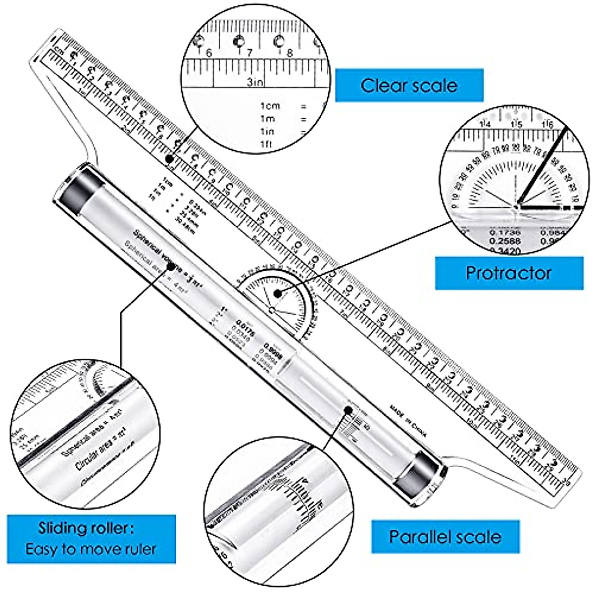 2 Pieces Plastic Measuring Rolling Ruler, Drawing Roller Ruler, Parallel Ruler, Multifunctional Drawing Design Ruler for Measuring, Drafting, Student, School and Office (6 Inch, 12 Inch)