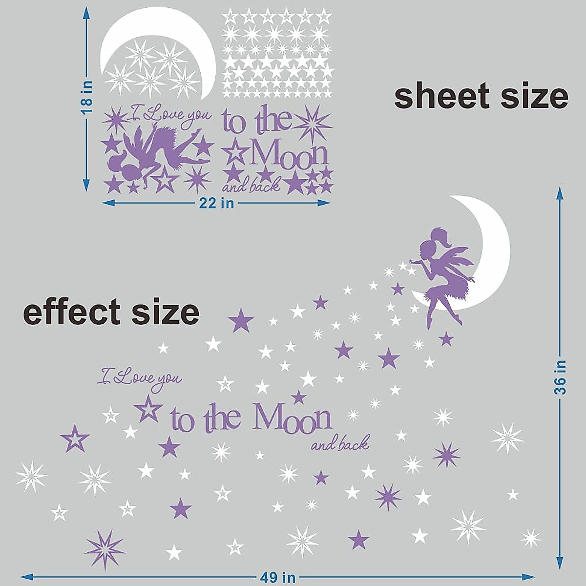 ANFRJJI Fairy Wall Decal "I Love You to The Moon and Back" Fairy Wall Sticker White moon and stars and purple elf fairy text and stars for Girl, Kids Bedroom Wall Decals, Nursery Decor JWH165 (purple
