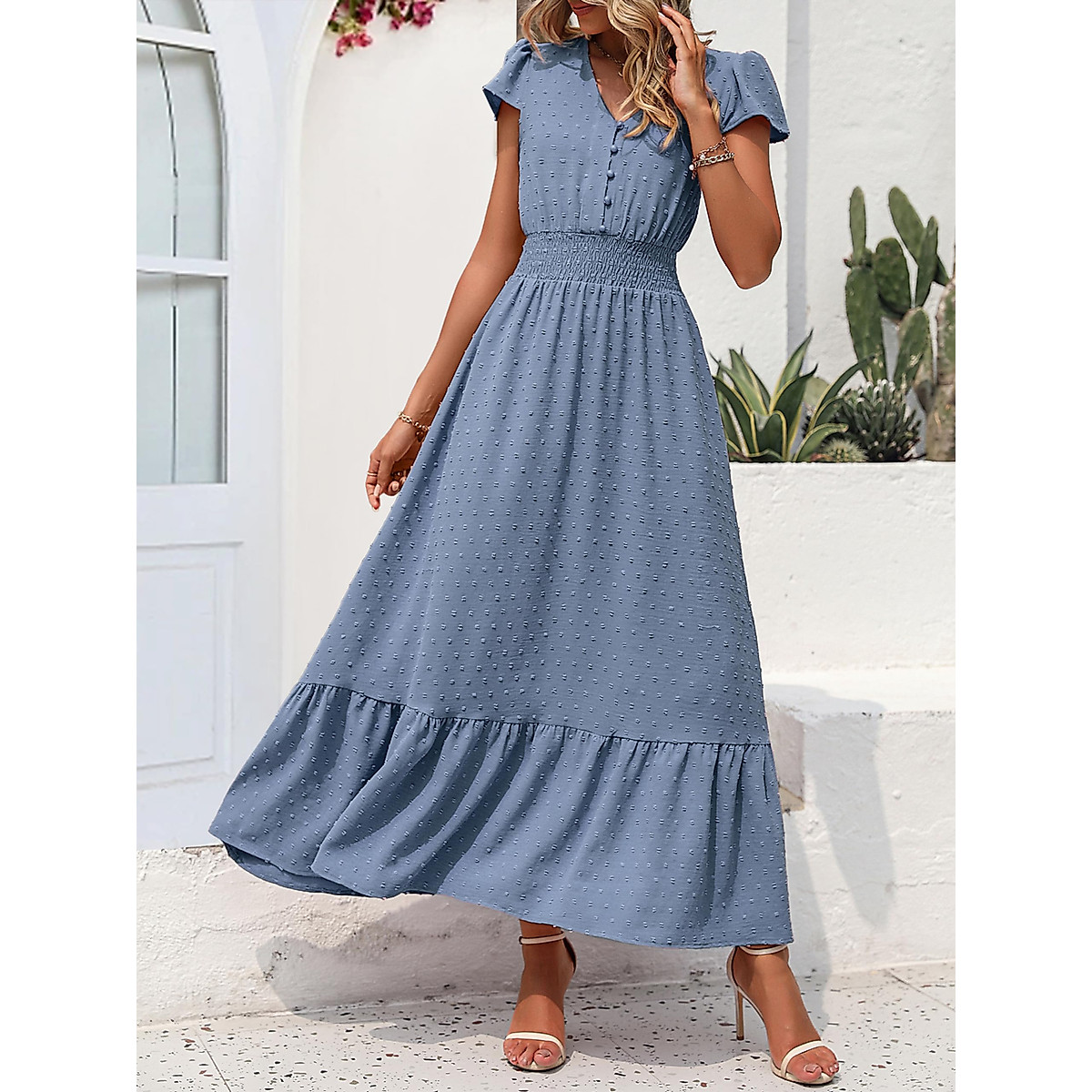 PRETTYGARDEN Womens 2024 Spring Swiss Dot Maxi Dress Short Sleeve V Neck Smocked Waist Ruffle Tiered Flowy Long Party Dresses(Grey Blue, Medium)