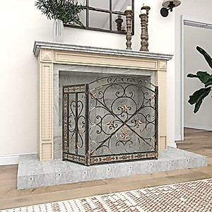 Deco 79 Metal Scroll Fireplace Screen Foldable Arched 3 Panel with Fleur De Lis Accents, 52" x 1" x 31", Black