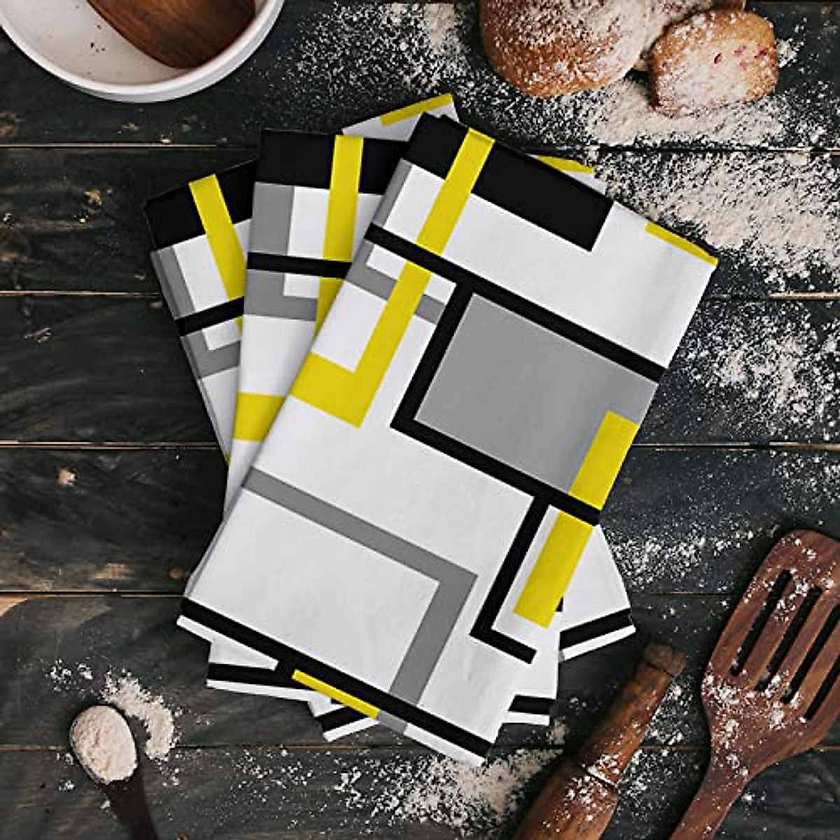 LOVE HOME DAY Modern Yellow Grey White Kitchen Towel Set of 3, Square Rectangular Geometric Hand Towels Absorbent Microfiber Dish Cloth Abstract Washable Tea Bar Dishcloth Cleaning Cloths