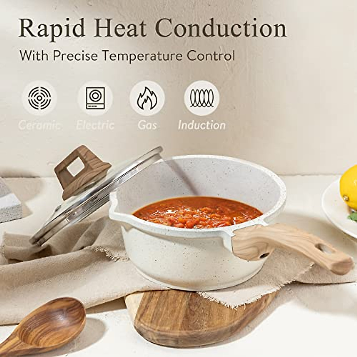 CAROTE 1.5Qt & 2.5Qt Sauce Pan Set with Lid Nonstick Saucepan 4 Pcs Non Stick Sauce Pots Cooking Pot with Pour Spout, Easy to Clean, Small Kitchen Pots Induction Pot, PFOA FREE (White Granite)