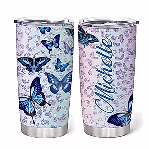 Hyturtle Personalized Gifts For Butterfly Lover - Butterflies Prints Custom Name Stainless Steel Tumbler 20oz With Lid - Idea Butterfly Lover Gifts For Women Girl Kids On Birthday, Christmas