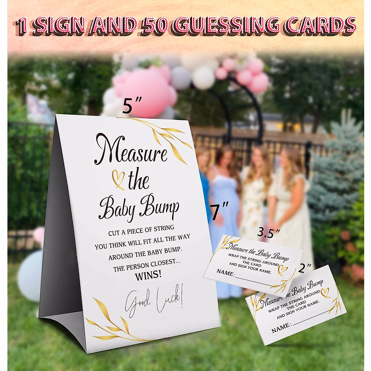 Measure Mommy's Belly Sign, Baby Shower Sign, Measure the Baby Bump How Big is Moms Belly -1 Sign and 50 Guessing Cards(10B)