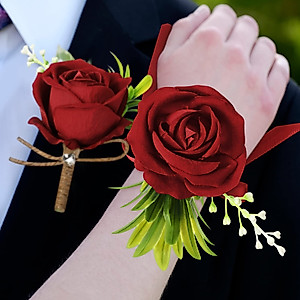 4 Pcs Corsage and Boutonniere Set, 2 Rose Wrist Corsage Wristlet Band Bracelet for Prom and 2 Boutonniere for Men Wedding Groom Flowers Accessories Suit Decoration (Burgundy)