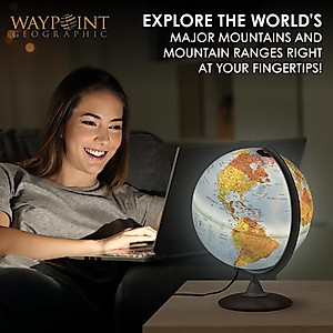 Waypoint Geographic Tactile Relief Globe, 12" Illuminated Blue Ocean-Style World Globe with Raised Relief, Up-to-Date Reference Globe, Decorative Globe for Home and Office Decor
