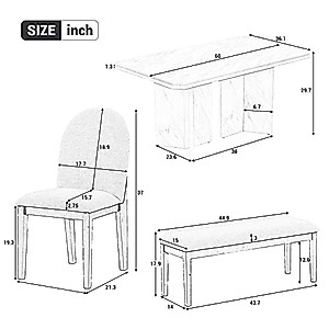 LUMISOL Faux Marble Kitchen Table Set with Chairs and Bench 6 Piece Dining Room Table Set Modern Style Dining Set Furniture for 6 Persons