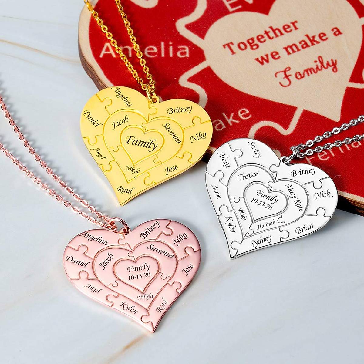 AILIN Custom Heart Puzzle Necklace 925 Sterling Silver/Stainless Steel Personalized Engraved 1-12 Name Pendant Family Love Valentine Mothers Day Jewelry Gifts For Women Mom Grandma Daughter