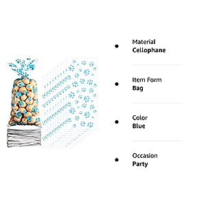 Blulu 100 Pieces Pet Paw Print Cone Cellophane Bags Heat Sealable Candy Bags Dog Paw Gift Bags Cat Treat Bags with 100 Pieces Silver Twist Ties for Pet Treat Party Favor(Blue)