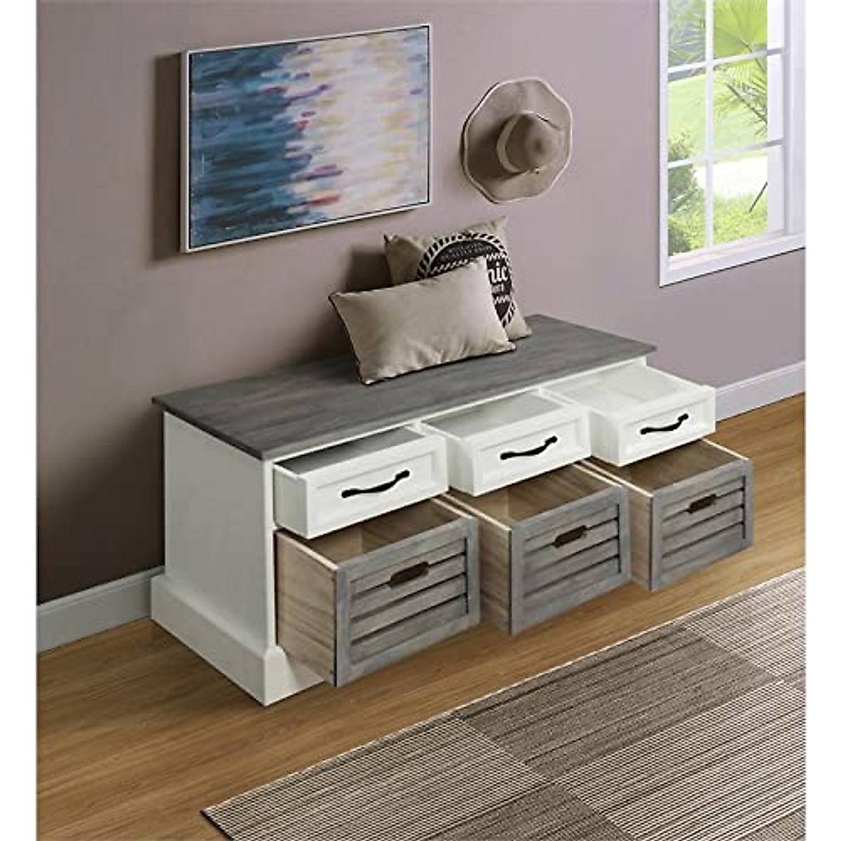 BOWERY HILL 6 Drawer Entryway Storage Cubby Bench in White and Gray
