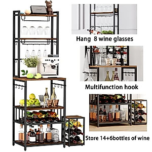 Amosic Wine Baker Rack, Industrial Wine Bar Cabinet, 6-Tier Wine Storage Display Shelves, Floor Liquor Wine Cabinet Storage with Rustic Wood Countertop Wine Rack 6 Bottles, for Bar (Rustic Brown)
