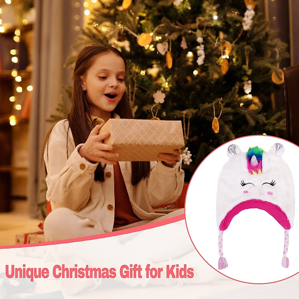 Kids Girls Winter Unicorn Beanie Hat Gloves Set, Boys Girls Warm Fleece Lined Hat Toddler Cute Cat Hat with Earflap for 2-7T