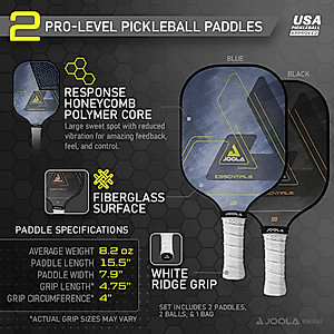 JOOLA Essentials Pickleball Paddles Set with Reinforced Fiberglass Surface and Honeycomb Polypropylene Core - Includes 2 Pickleball Rackets, 2 Pickleball Balls, and Sling Bag