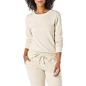 Amazon Essentials Women's French Terry Fleece Crewneck Sweatshirt (Available in Plus Size), Beige Zebra Stripe Print, Medium