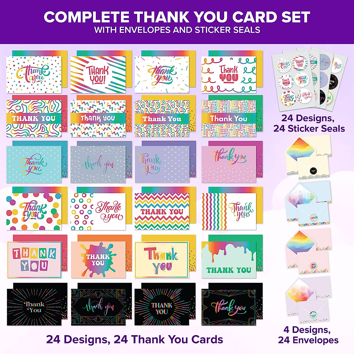 Decorably Assorted Thank You Cards with Envelopes & Stickers - 24 Pack Rainbow Thank You Cards with Envelopes, Blank Inside 4x6in Thank You Cards Rainbow, Thank You Card Assortment