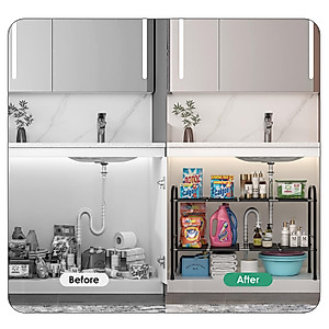 Finneya Under Sink Organizers,Expandable Cabinet Shelf Organizer 2 Tier Under Storage Rack with Removable Panels,Multi-Use for Under Kitchen Bathroom Sink Organizers and Storage