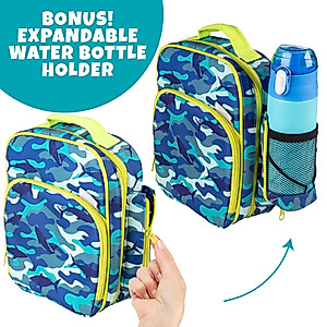 Insulated Lunch Box w Snack Pocket & Water Bottle Holder-Boys or Kids Blue Camo School Lunchbox Tote Keeps Food Hotter or Colder Longer- Reusable Bag Fits Most Bento Boxes, Ice Packs-Back to School