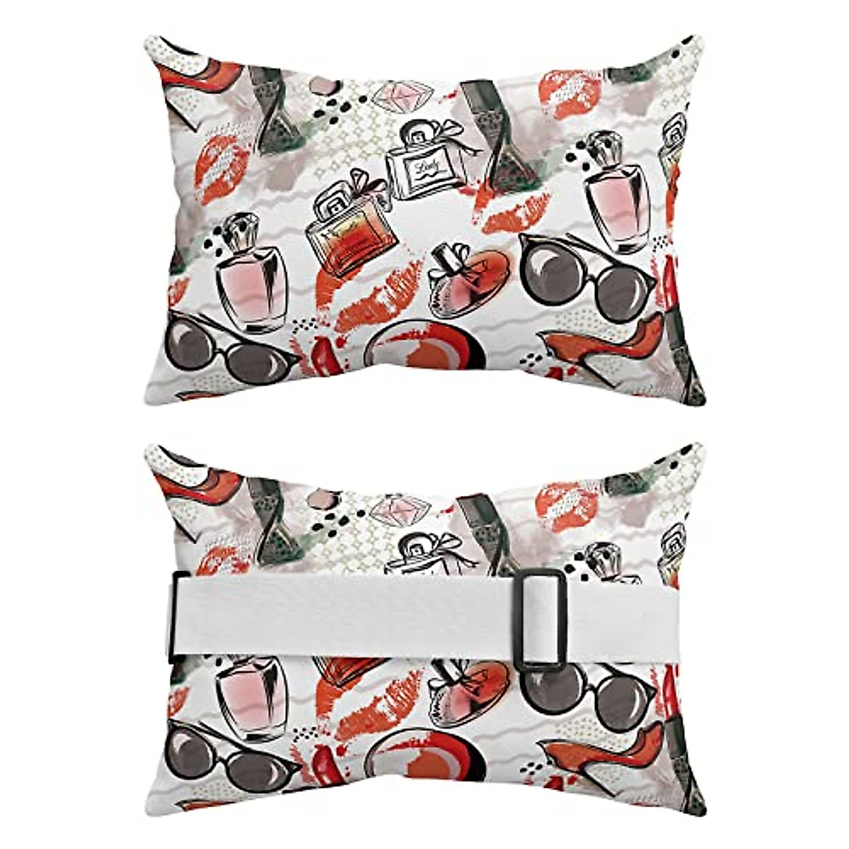 HilariousM Modern Lady Outdoor Pillows for Chaise Lounge Chair, Perfume Lipstick High Heels Waterproof Lumbar Head Support Pillow with Adjustable Elastic Band for Pool Patio Furniture Decorative