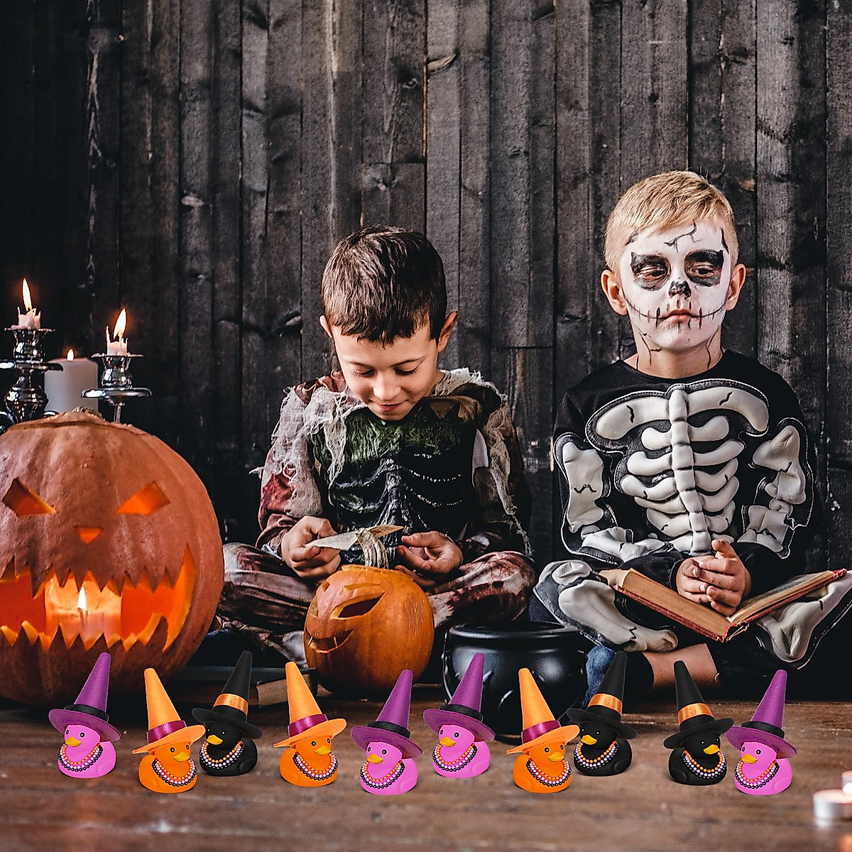 Wettarn 24 Pcs Halloween Rubber Ducks Mini Duck Bath Small Duck with Mini Felt Witch Hats and Metal Ball Beads Chain for Boys Girls Party Favors DIY Craft Goodie Bag Fillers(Colorful Duck)