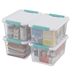 CadineUS 4-pack 20 Liter Plastic Latching Boxes, Clear Storage Totes with Lids