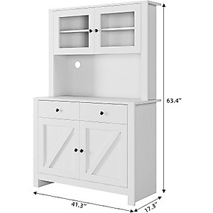 GarveeHome Kitchen Pantry Cabinet with Microwave Stand, Freestanding Hutch Cabinet with Buffet Cupboard, Tall Kitchen Cabinets with Adjustable Shelves for Kitchen, Dining Room, White