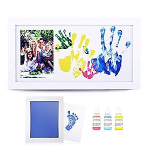 NWK DIY Family Photo + Family Hand/Footprints Kit with 10 X 17inch Elegant White Wood Picture Frame, Non-Toxic Watercolor Paints, Baby Shower Adoption Father's Day Gift for New Mom Dad (with Ink pad)