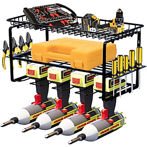 Grandhom Power Tool Organizer,Cordless Drill Rack Wall Mount,Drill Holder with 4 Drill Hanging Hooks,3 layers Metal Drill Storage Rack with Screwdriver Holder and Pliers Rack,Black