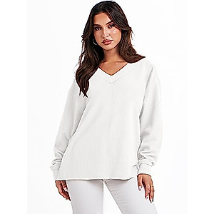 ANRABESS Women’s Casual Long Sleeve Sweatshirt V Neck Off Shoulder Shirt Loose Baggy Comfy Knit Pullover Sweaters Tunic Top 2023 Fall Clothes A1069baise-XL White