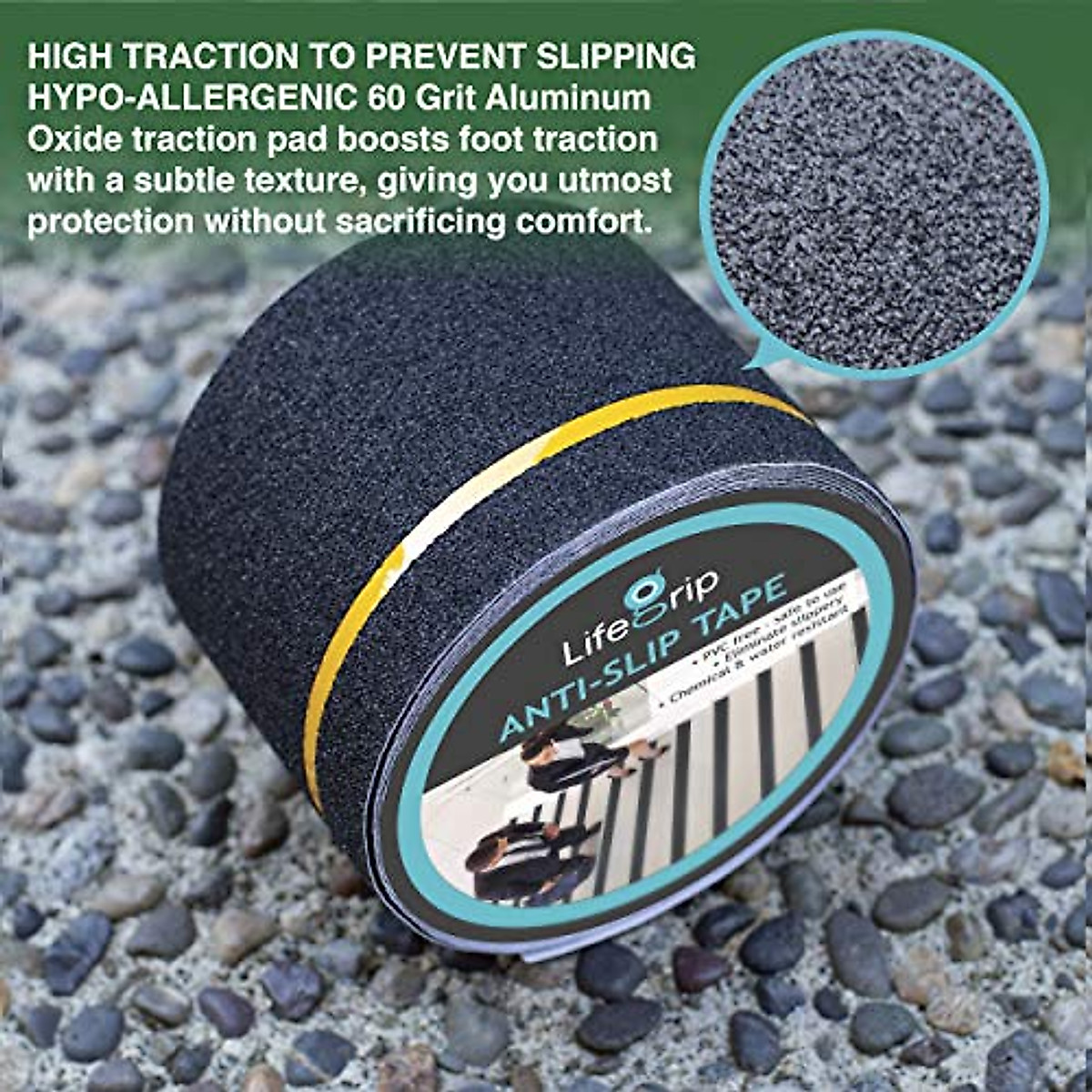 LifeGrip Anti Slip Traction Tape with Reflective Stripe, 4 Inch x 30 Foot, Best Grip Tape Grit Non Slip, Outdoor Non Skid Treads, High Traction Friction Abrasive Adhesive for Stairs Step, Black