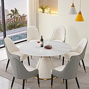 HomSof Modern Sintered Stone Round Dining Table Set with Stainless Steel Base with 6 pcs Chairs, 7 Pieces, White+Grey