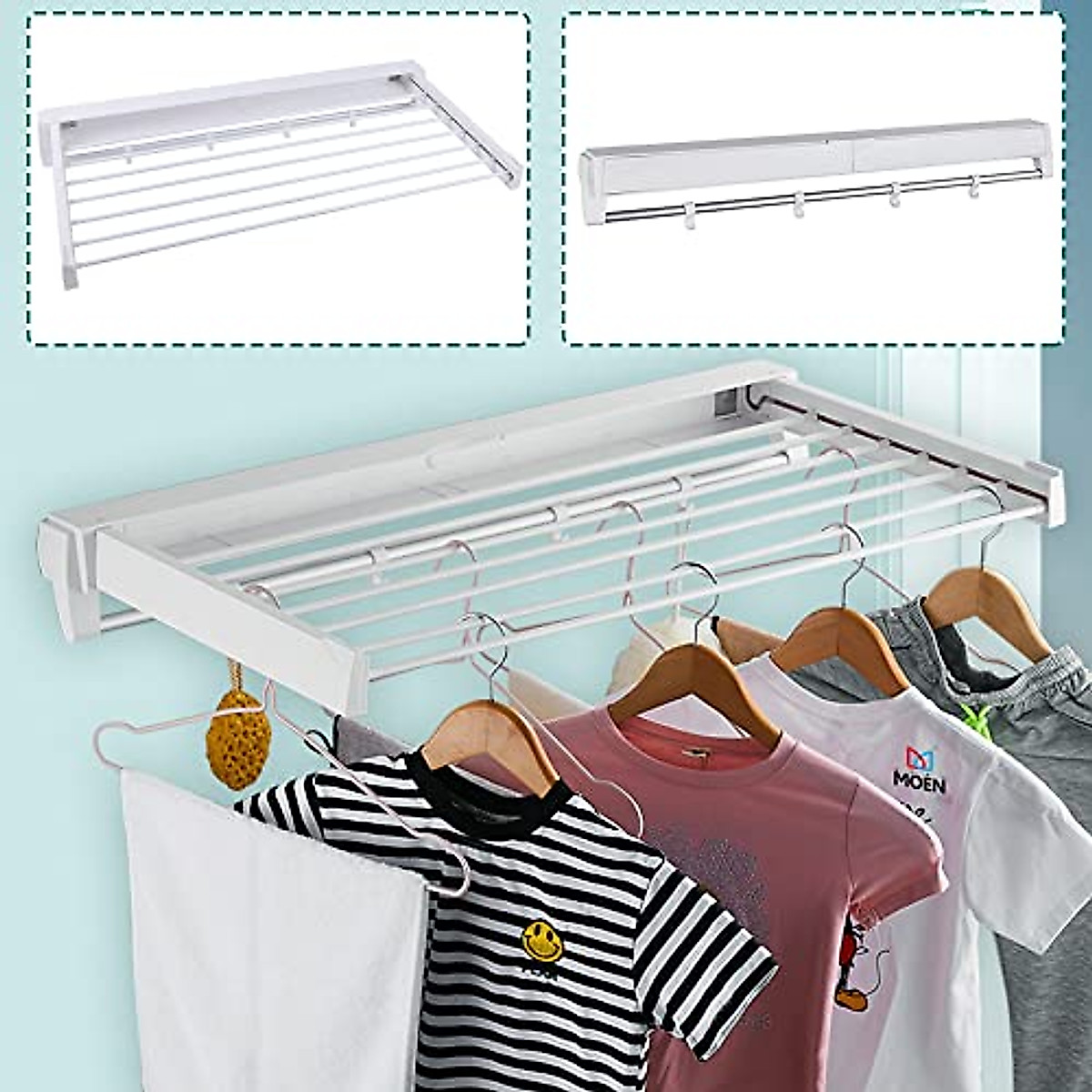 XUANIIIL Wall Mounted Drying Rack Clothing for Laundry Foldable, Collapsible Clothes Drying Rack Folding Indoor, Laundry Dryer Hanger Rack with 7 Rods, for Laundry/Bathroom