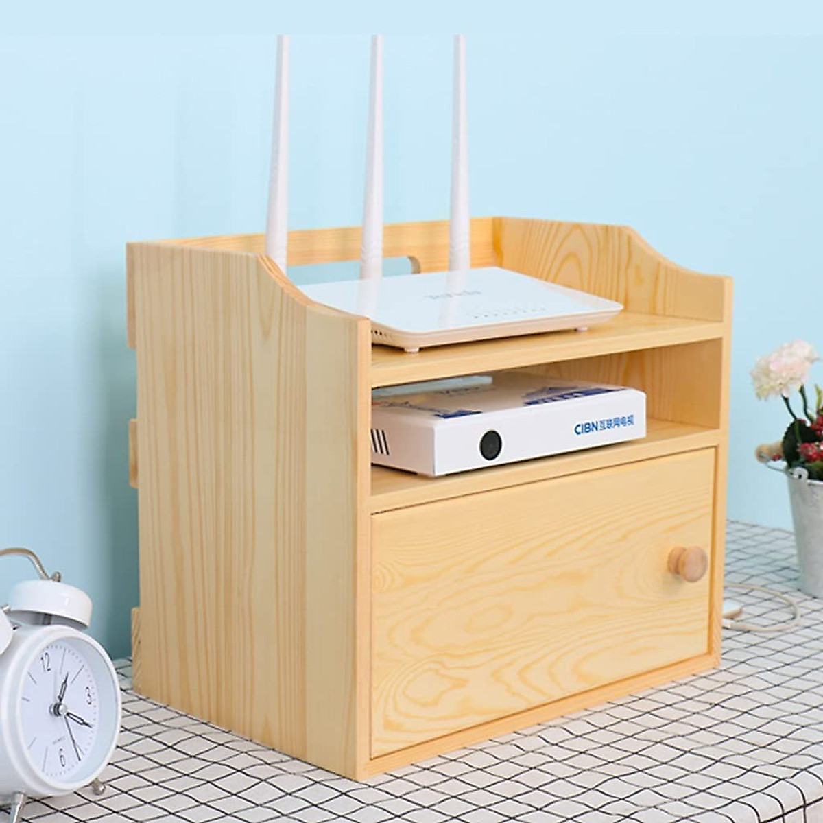 AVEEWA Wireless Router Storage Shelf Solid Wood Wireless Router Storage Box Desktop Set-Top Box Rack WiFi Box/Wood Color/32 * 21.5 * 28.5Cm
