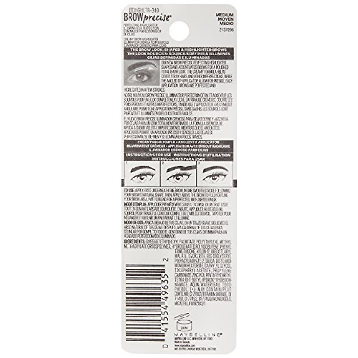 Maybelline New York Brow Precise Perfecting Eyebrow Highlighter, Medium, 0.04 oz.
