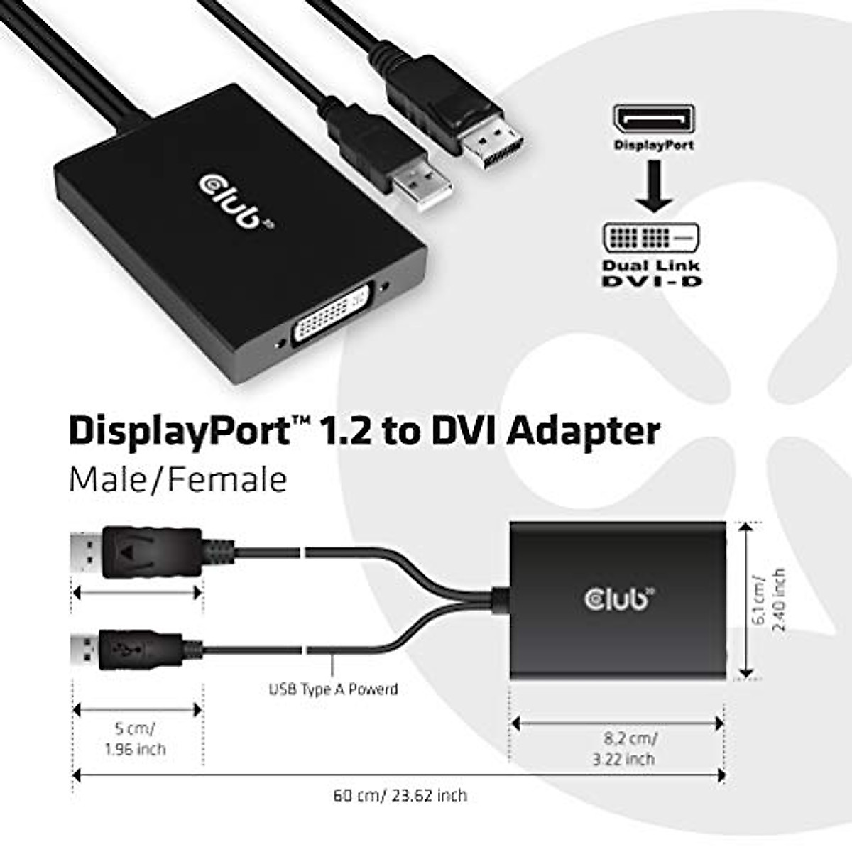 Club 3D CAC-1010 DisplayPort to DVI Dual-Link DVI-D Active Adapter for Your Monitor/Display - USB A Powered – 2560x1600 Resolution HDCP Supported NOT for Apple Cinema Monitors, Black